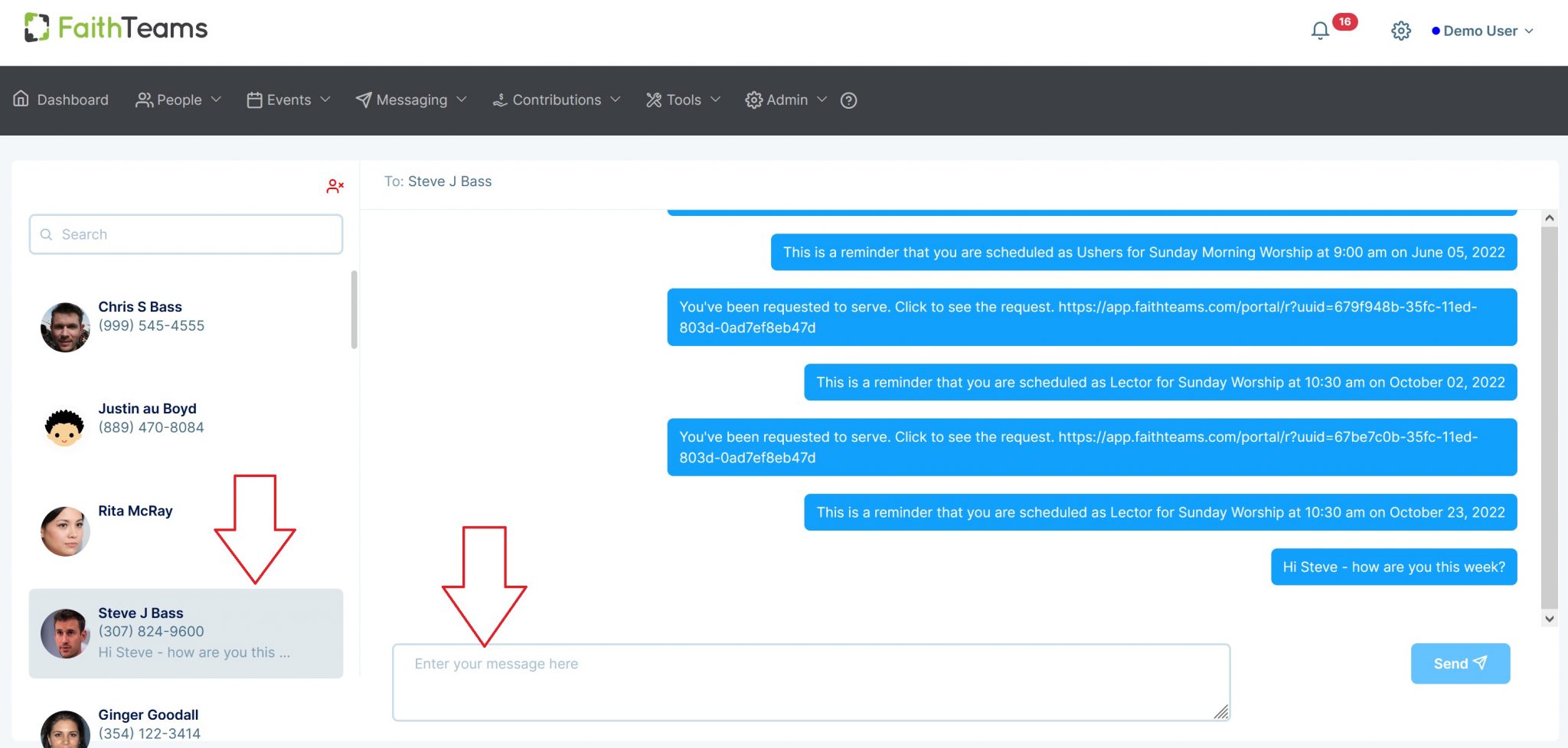 Faith Teams - Sending Text Messages How To - Church Management Software